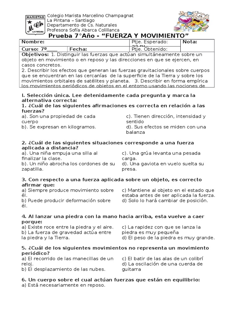 Prueba - Fuerza y Movimiento | PDF | Peso del cuerpo humano | Fuerza