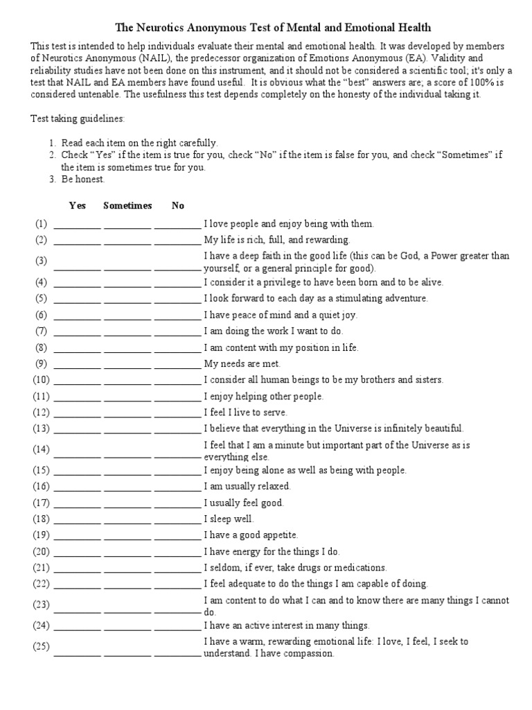 Neurotics Anonymous Test of Mental and Emotional Health | PDF ...