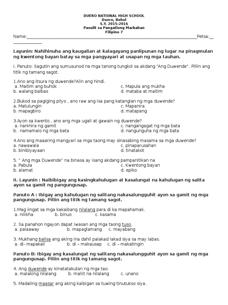 3rd Periodical Exam in Filipino 7