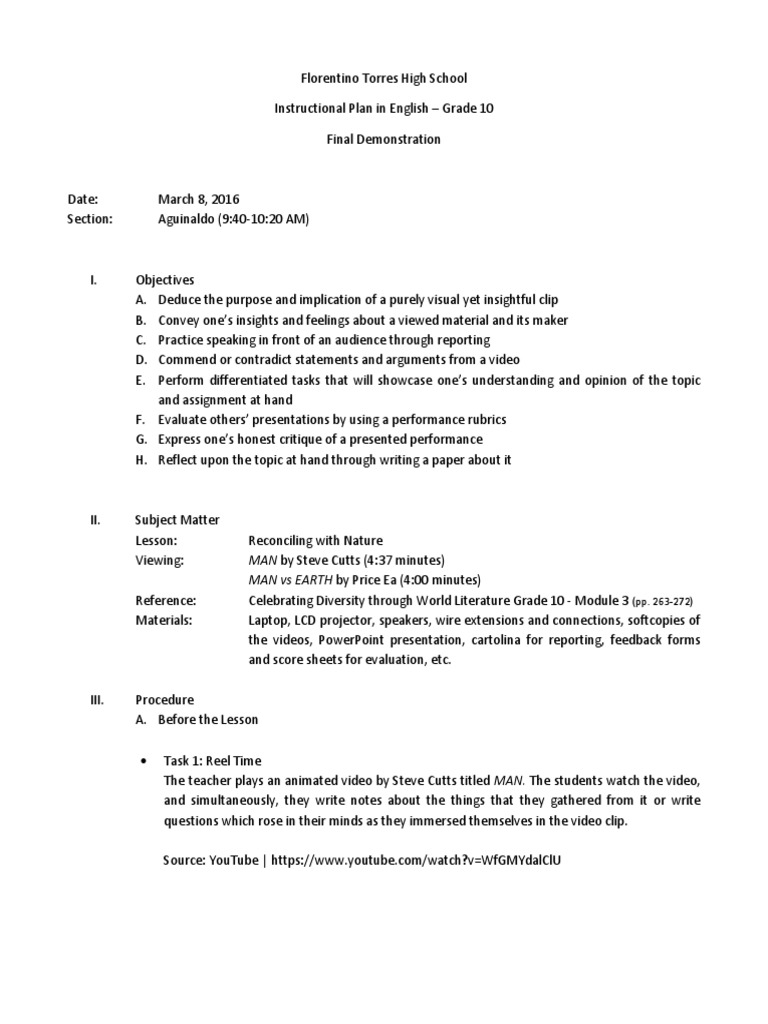 Grade 10 English Lesson Plan (Sample For ST Demo) | PDF