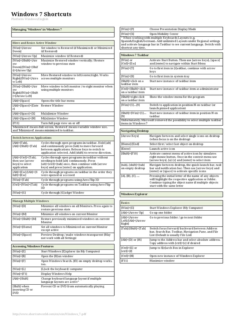 Windows 7 Shortcut Keys | PDF