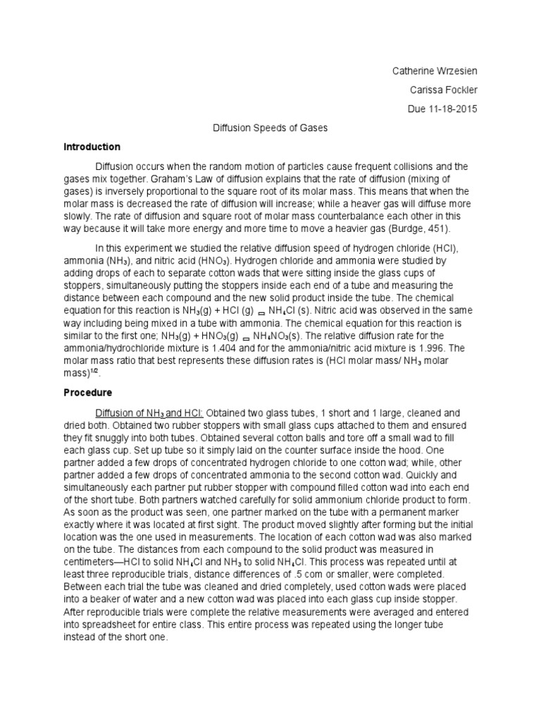 Lab 9 Diffusion Speeds of Gases | PDF | Ammonia | Diffusion
