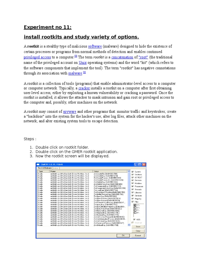 Experiment No 11: Install Rootkits and Study Variety of Options | PDF