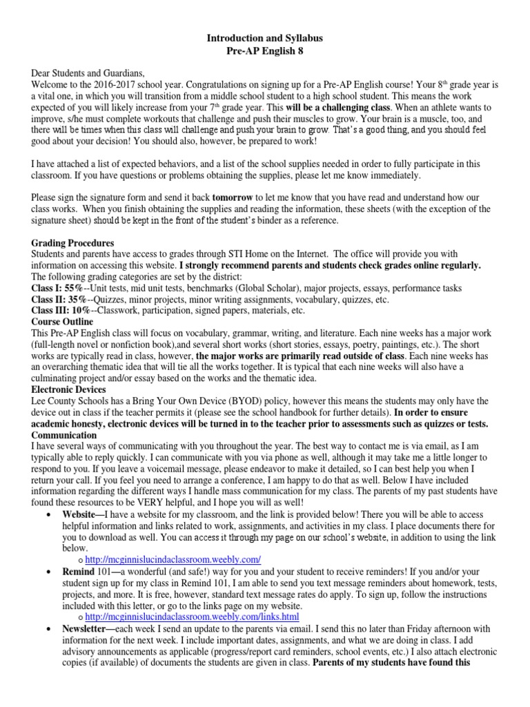 Pre-Ap Introduction and Syllabus | PDF | Homework | Syllabus