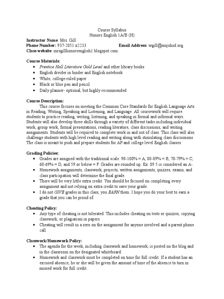 English 1 Honors Syllabus | PDF | Homework | Classroom