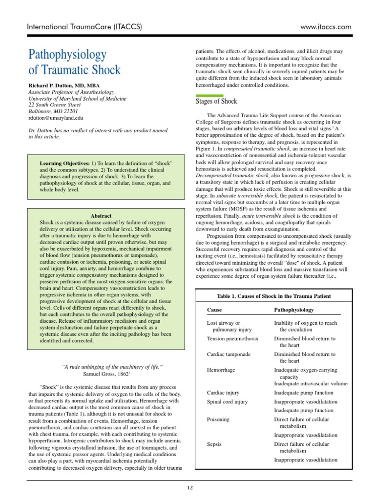 Pathophysiology of Traumatic Shock: International Traumacare (Itaccs) | PDF