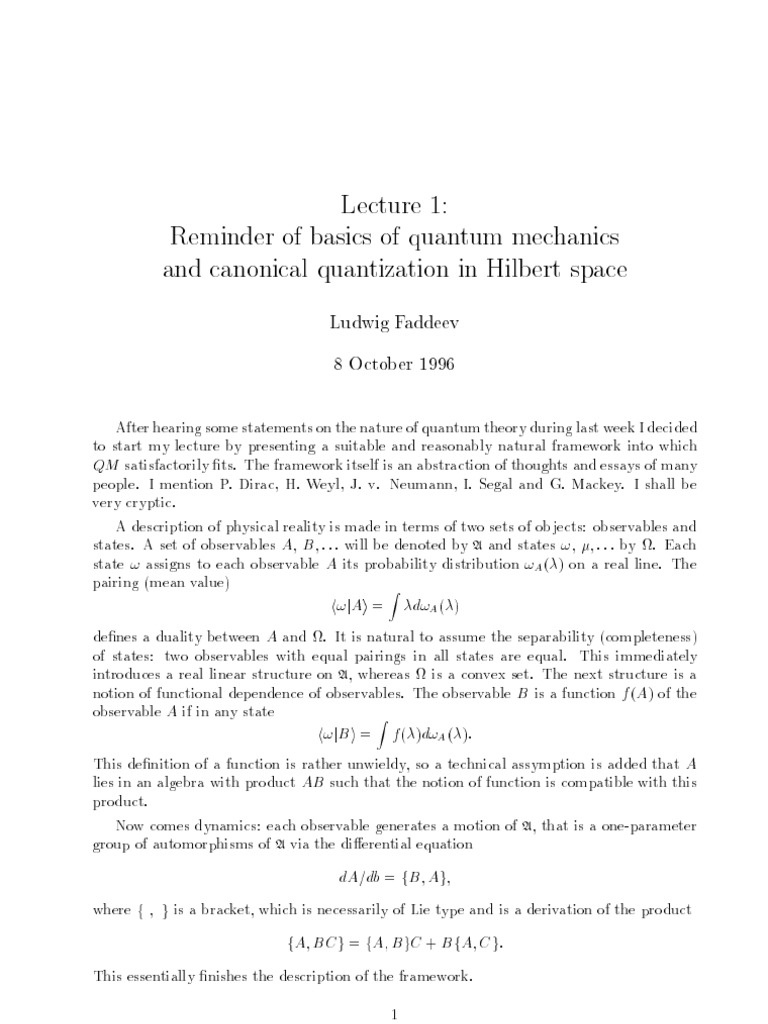 Reminder of Basics of Quantum Mechanics and Canonical Quantization in ...