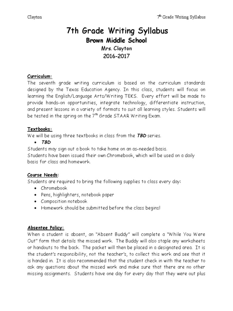 7th Grade Writing Syllabus: Brown Middle School | PDF | Homework ...
