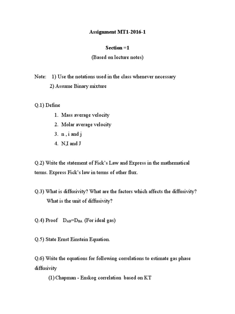 Assignment 1 MT1 2016 | PDF | Gases | Diffusion