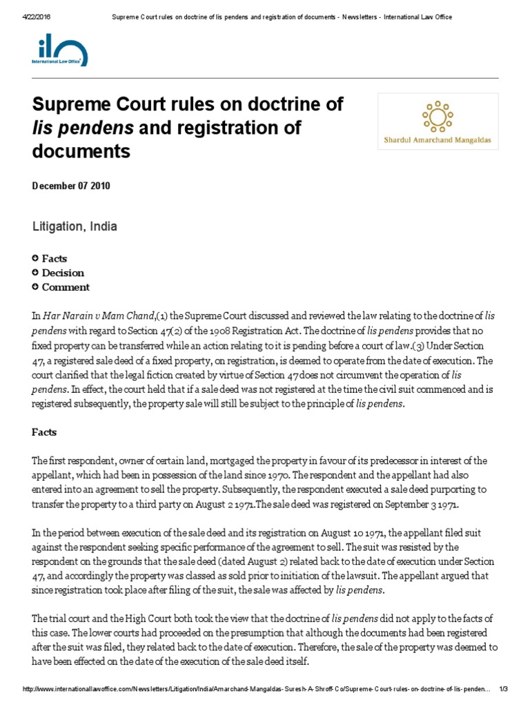 Supreme Court Rules On Doctrine of Lis Pendens and Registration of Documents - Newsletters ...