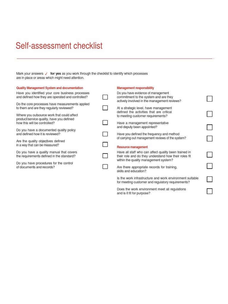 ISO 9001 Self-Assessment Checklist | PDF | Business Process | Quality ...