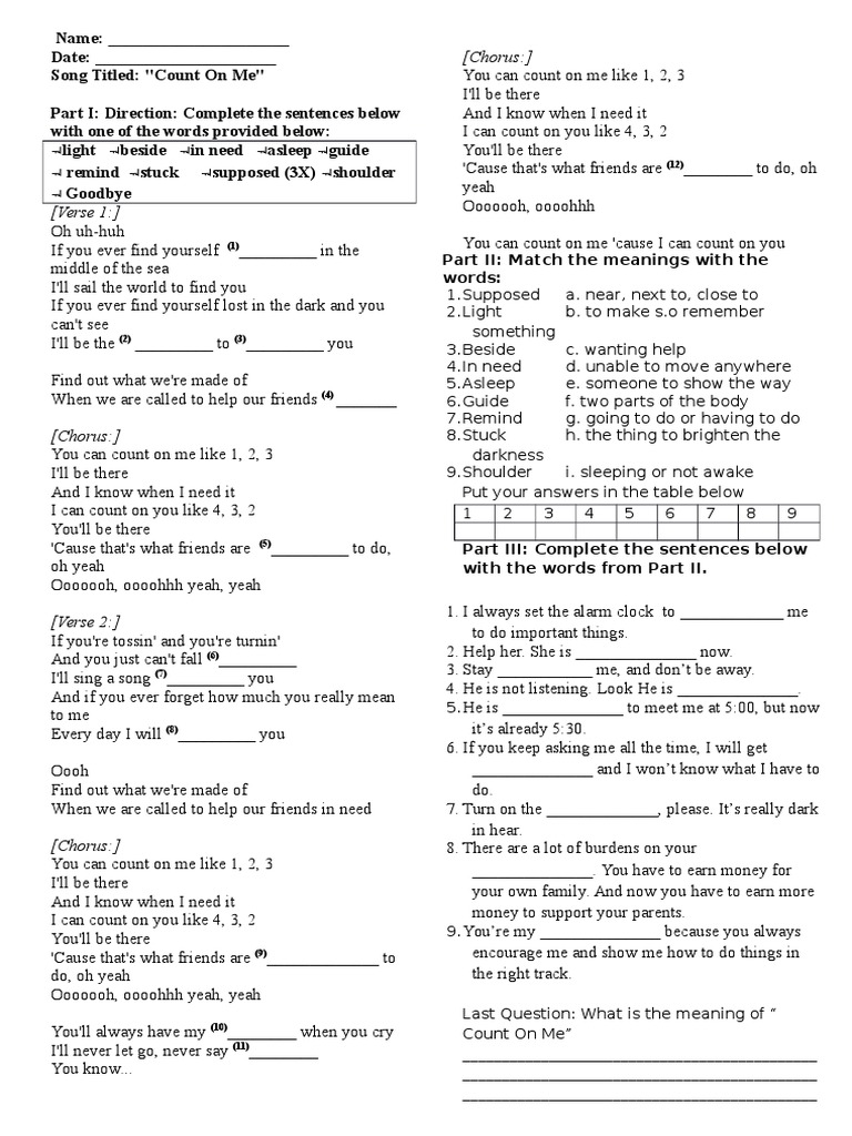 Count On Me Song Worksheet | PDF | Song Structure | Leisure