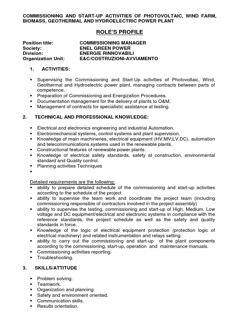 Commissioning Manager Role Overview | PDF | Power Station | Automation