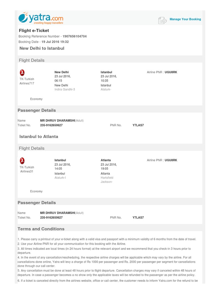 New Delhi To Istanbul: Flight E-Ticket | PDF