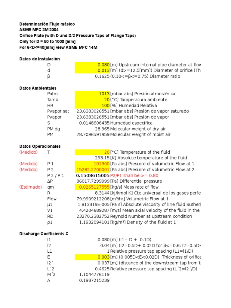 Planilla Placa de Orificio ASME | PDF | Dinámica (Mecánica ...