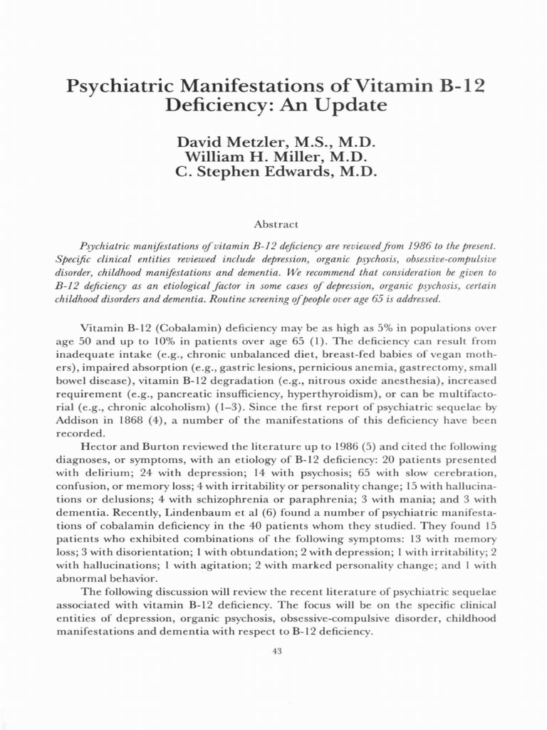 Psychiatric Manifestation of Vitamin B-12 Deficiency - An Update | PDF ...