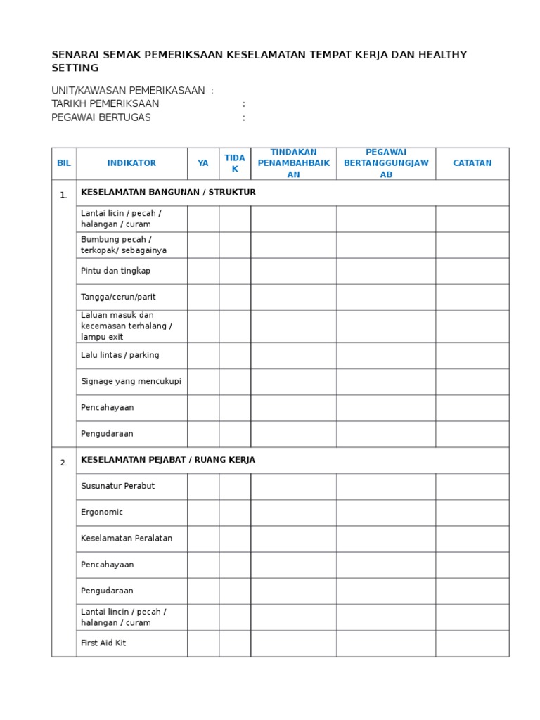 Senarai Semak Pemeriksaan Keselamatan Tempat Kerja Dan Healthy Setting