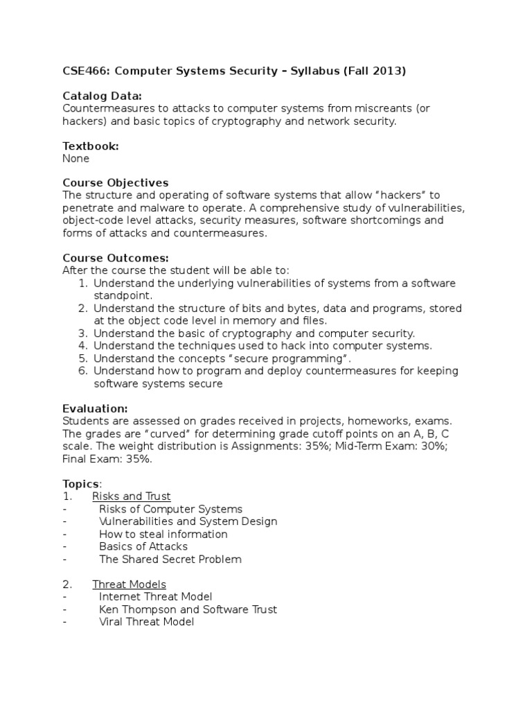 Syllabus in Computer System Security | PDF | Smart Card | Computer Security