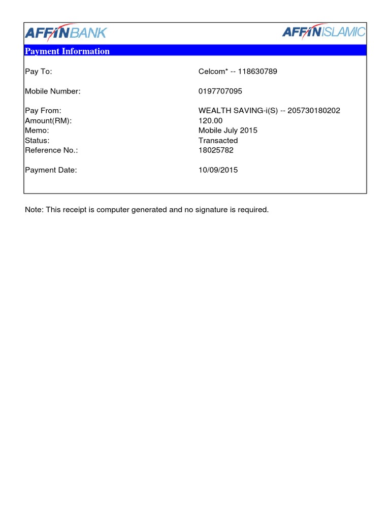 Celcom Payment Receipt - July 2015 | PDF