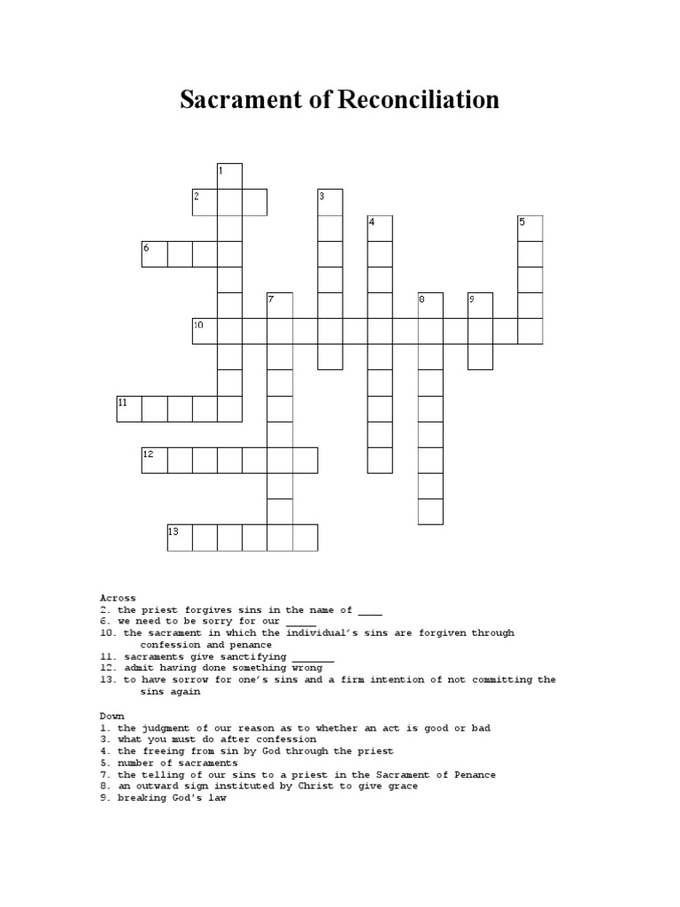 Sacrament of Reconciliation Crossword Puzzle With Solution
