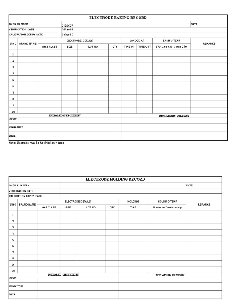 Electrode Baking Record: Prepared /checked by Reviwed by Company | PDF