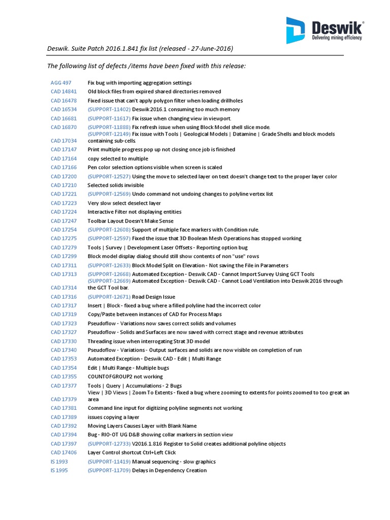 Fixes and Improvements to Deswik Software Suite: June 2016 Patch Release | PDF | Computer Aided ...