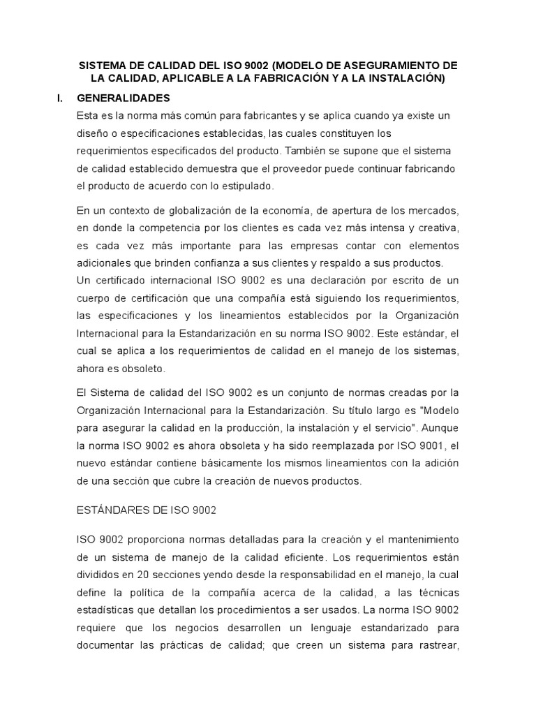 Sistema de Calidad Del Iso 9002 | PDF | Organización internacional para ...