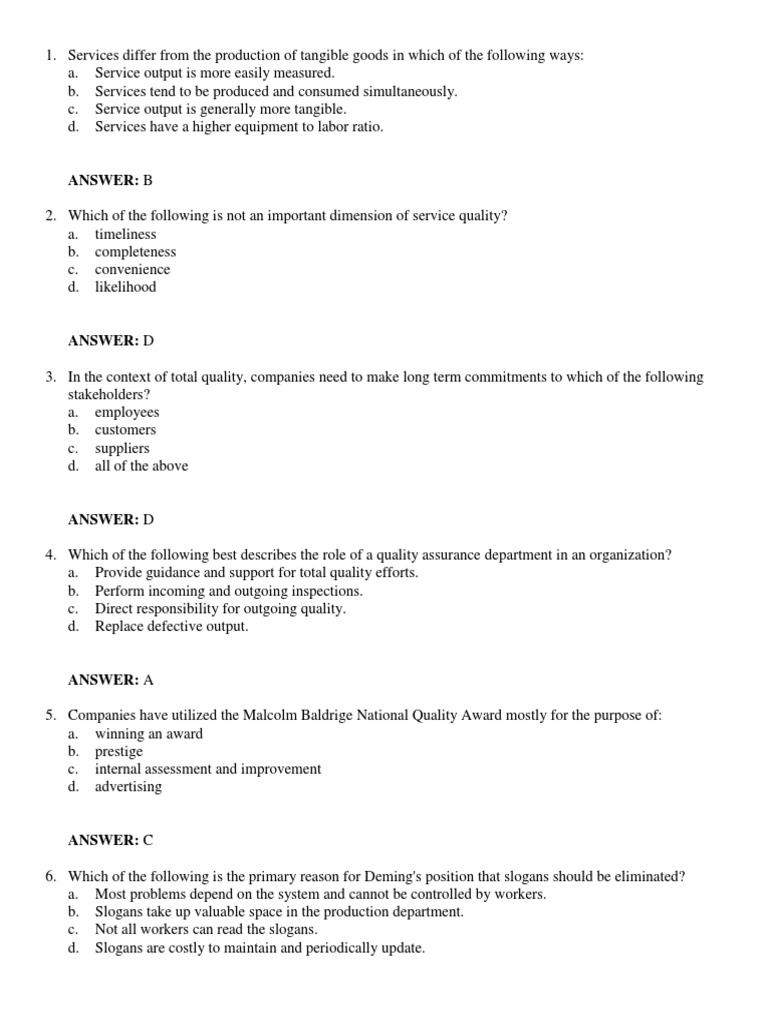 Quality Assurance Exam Questions & Answers | PDF | Six Sigma | Business ...