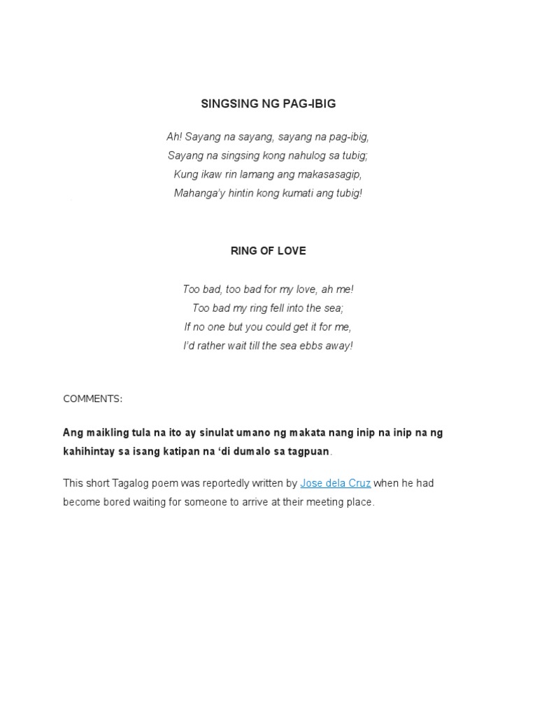 Maikling Tula: Singsing ng Pag-ibig | PDF | Poetry