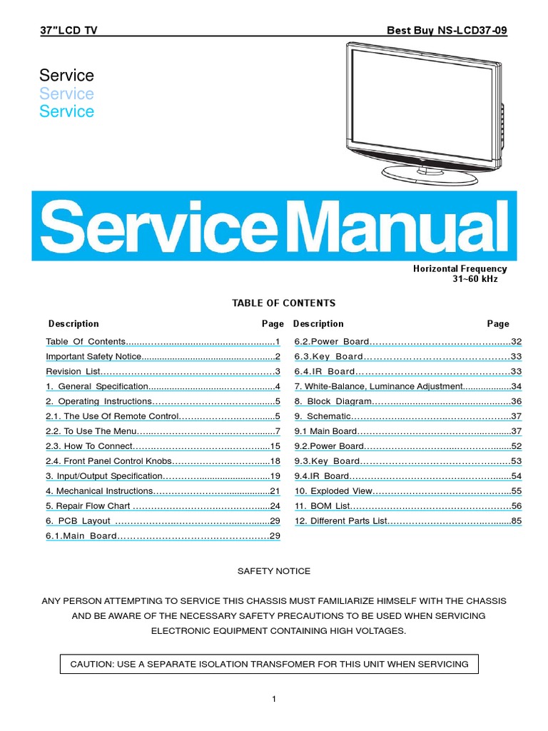 Insignia-Tpv - Service Manual - Ns-lcd37-09, TPV Models E378aznkw1bcnn ...