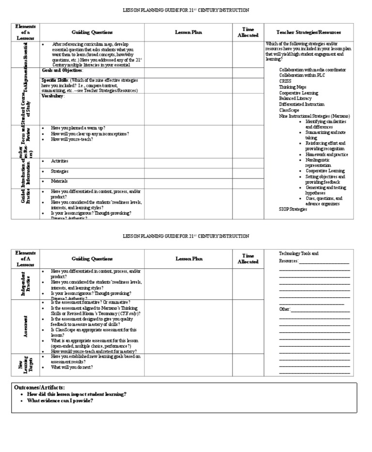 Elements Ofa Lessons Guiding Questions Lesson Plan Time Allocated ...