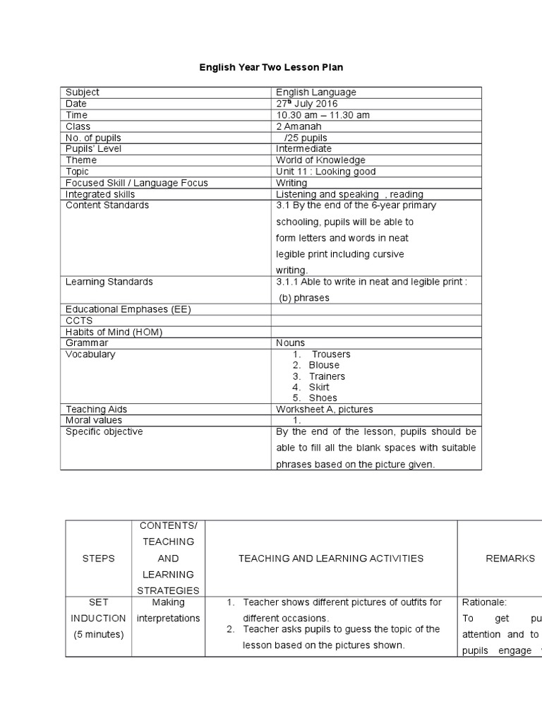 English Year Two Lesson Plan Week 2 | PDF | Lesson Plan | English Language