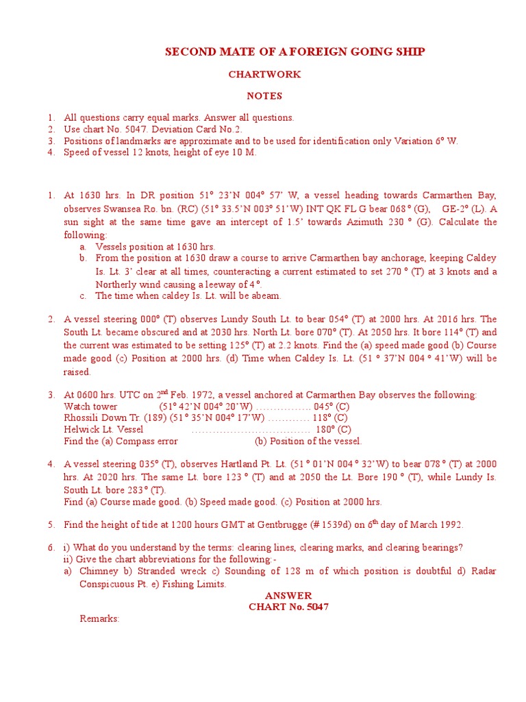 2nd Mate Chart Work Numericals | PDF | Latitude | Navigation