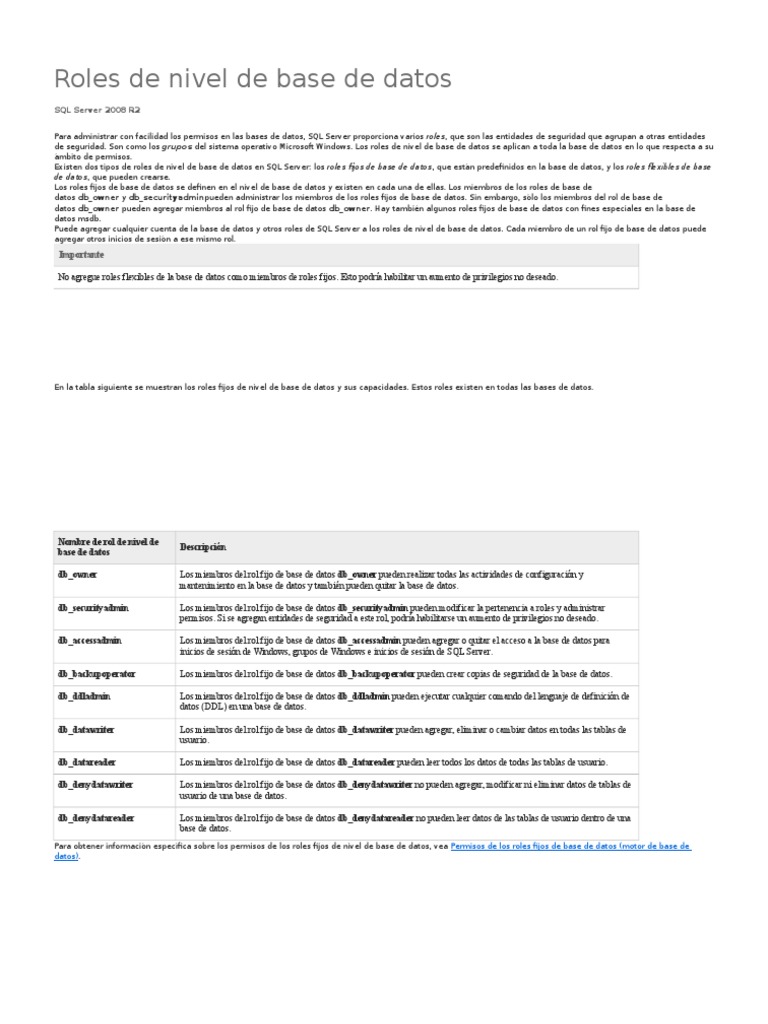 Roles de Nivel de Base de Datos | PDF | Servidor SQL de Microsoft | Tabla (base de datos)