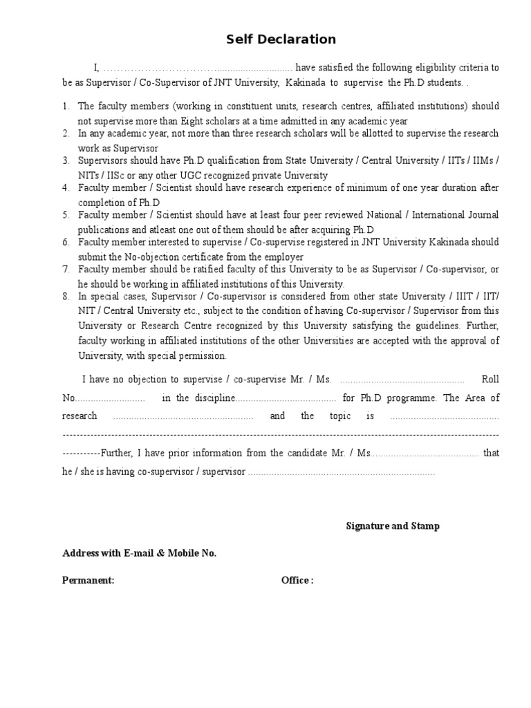 Self Declaration: Signature and Stamp Address With E-Mail & Mobile No ...