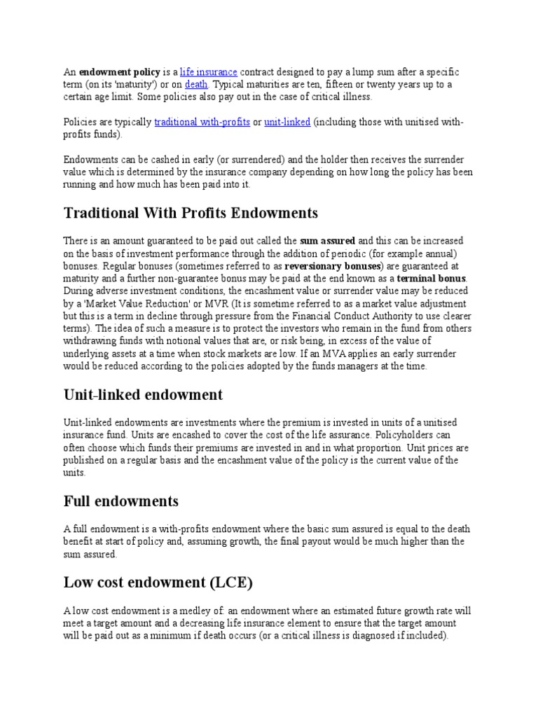 An Endowment Policy Is A Life Insurance Contract Designed To Pay A Lump ...