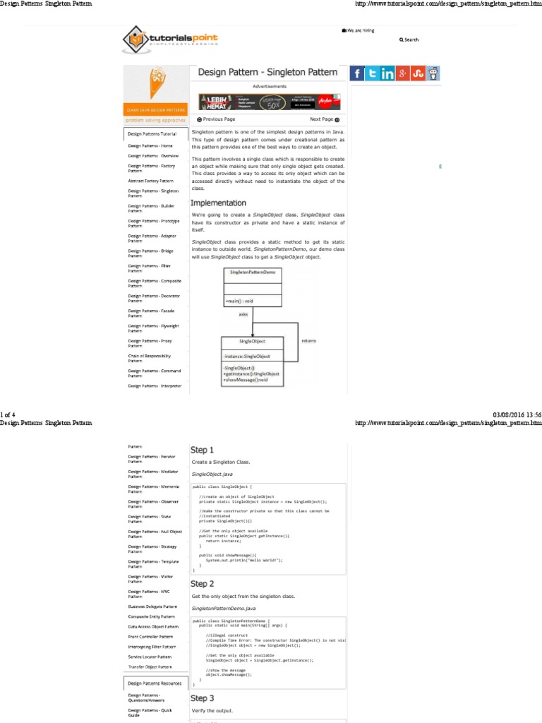 Design Patterns Singleton Pattern | PDF