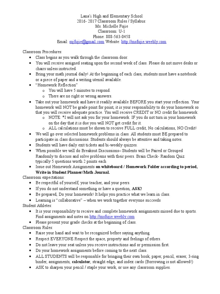 Fujie Classroom Policiesonly2016-17 | PDF | Homework | Test (Assessment)