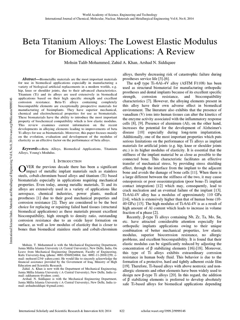 Beta Titanium Alloys The Lowest Elastic Modulus For Biomedical ...