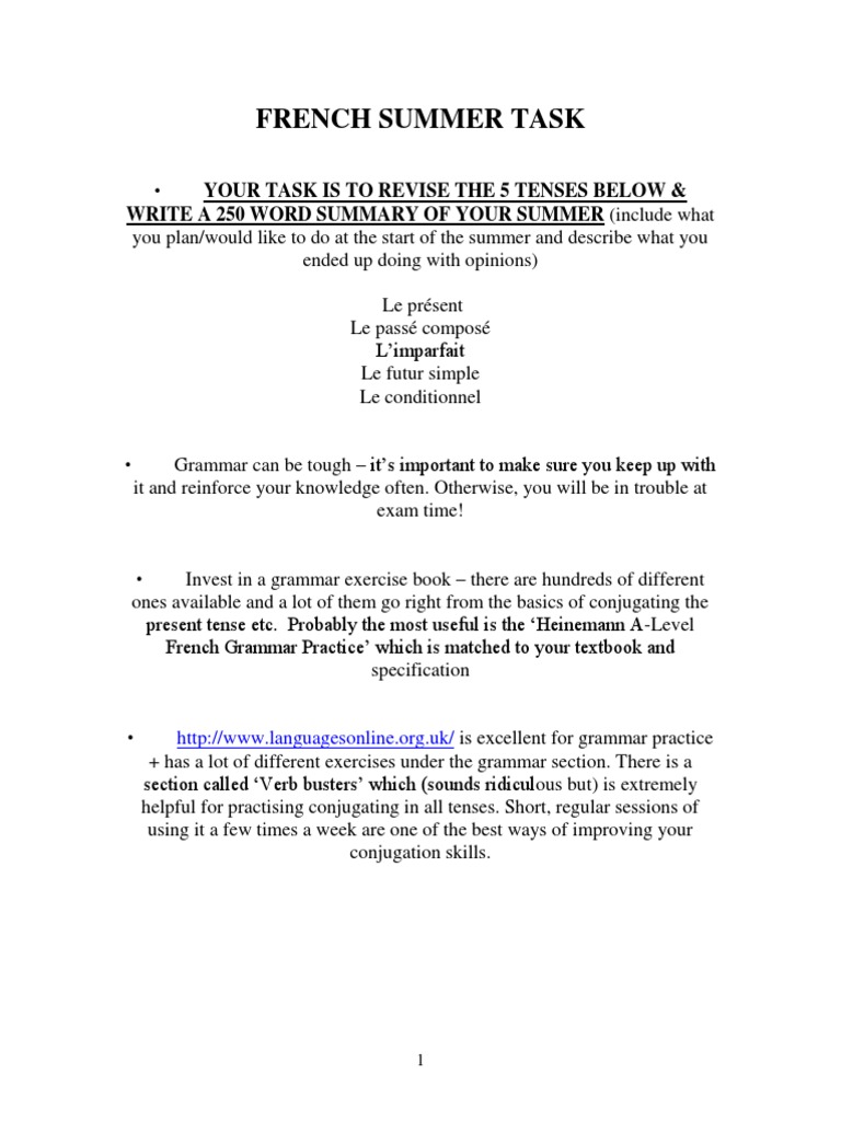 French - Grammar - Tense - Booklet and Y12 Summer Task PDF | PDF ...