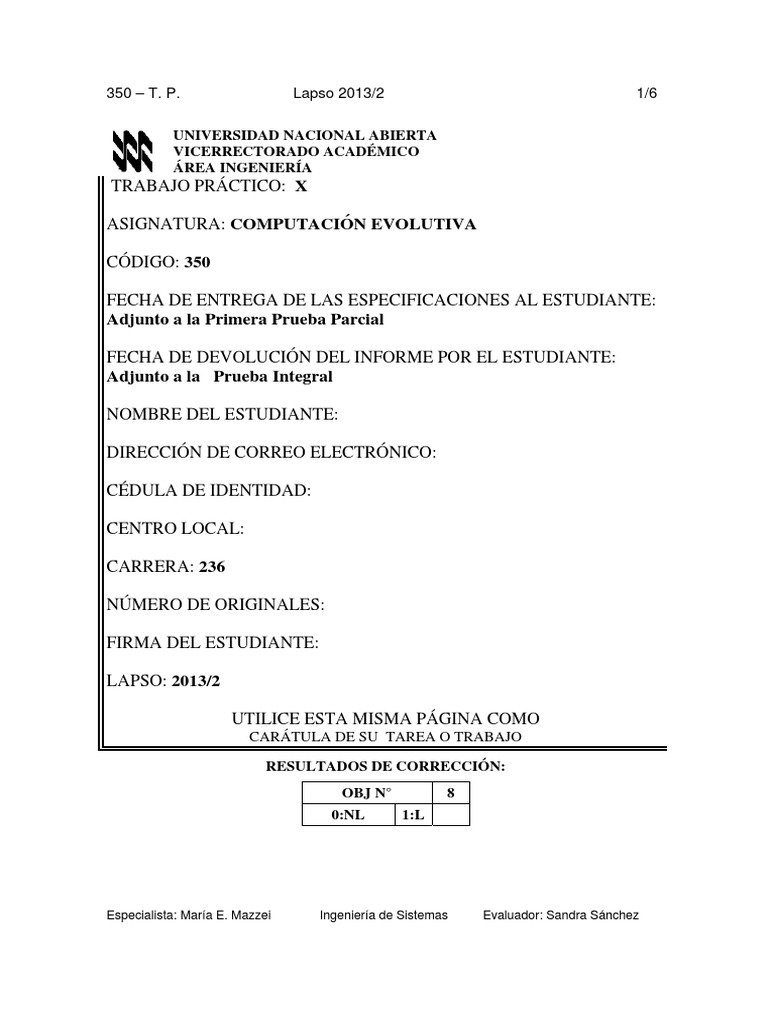 Trabajo Práctico, Enunciado, Universidad Nacional Abierta (Venezuela), Computación Evolutiva ...