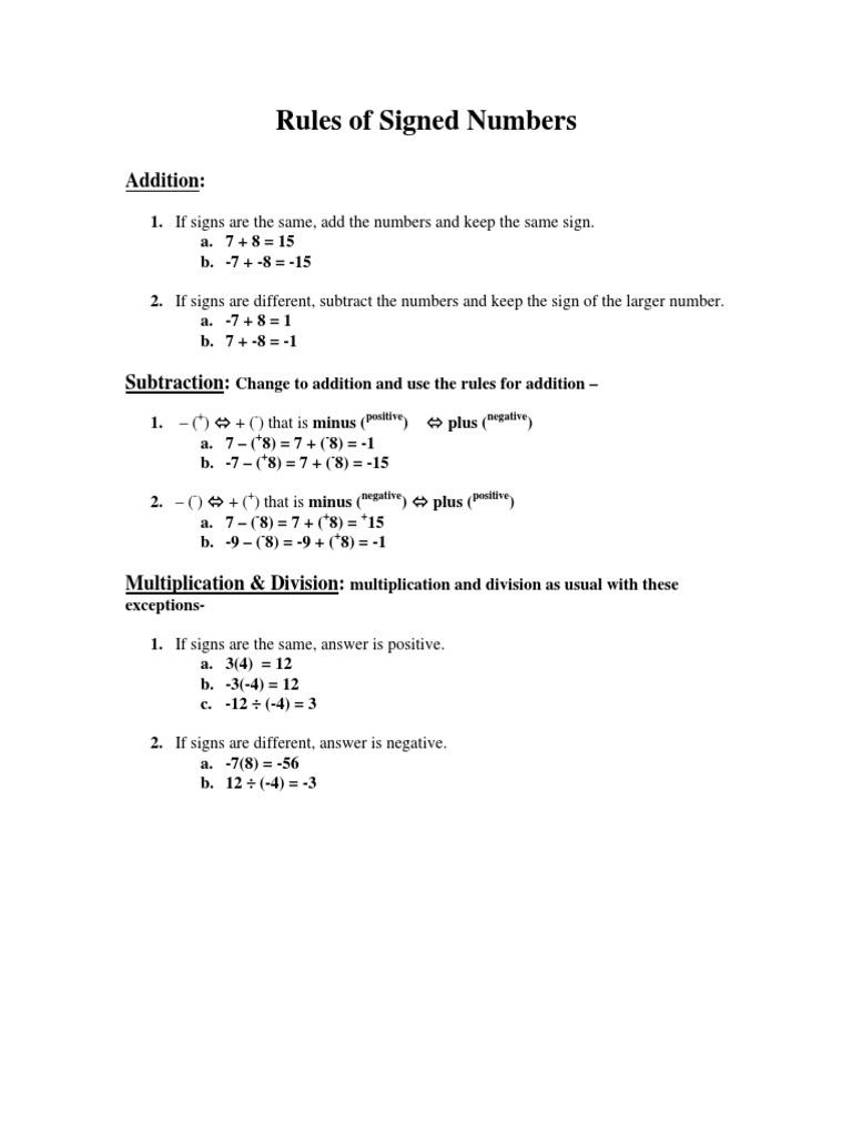 Rules of Signed Numbers PDF | PDF