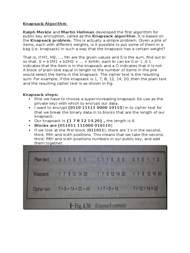 Knapsack Algorithm Ralph Merkle And Martin Hellman Developed The First Algorithm For Pdf