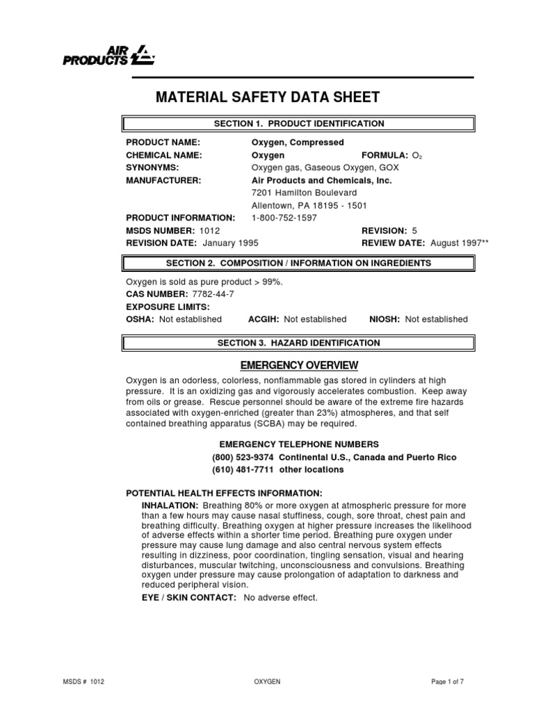 Oxygen MSDS | PDF | Dangerous Goods | Valve