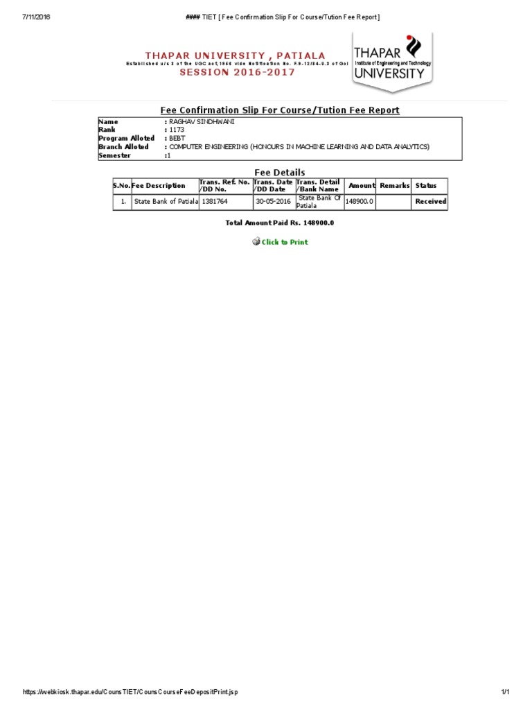 TIET (Fee Confirmation Slip For Course - Tution Fee Report) | PDF ...