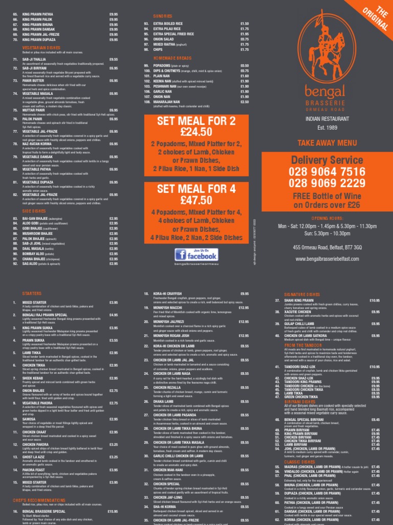 Bengal Brasserie Ormeau Road Belfast Take Away Menu | PDF | Curry ...
