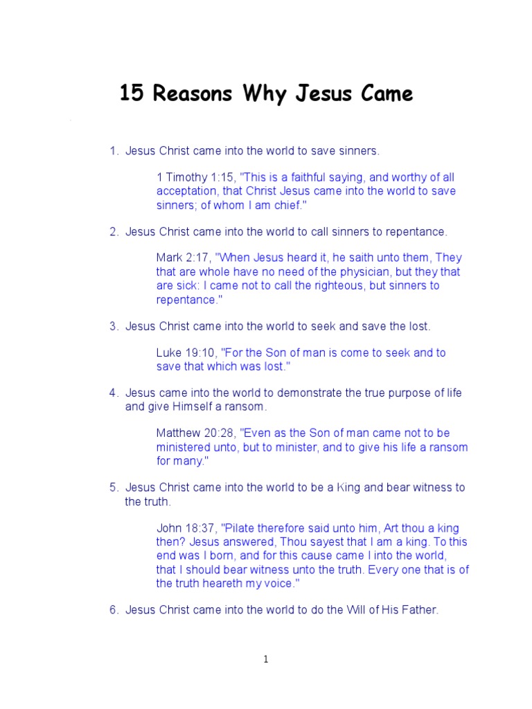 15 Reasons Why Jesus Came | PDF | Sin | Jesus