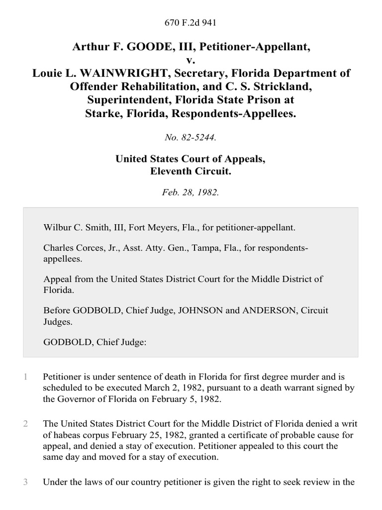 Arthur F. Goode, III v. Louie L. Wainwright, Secretary, Florida ...