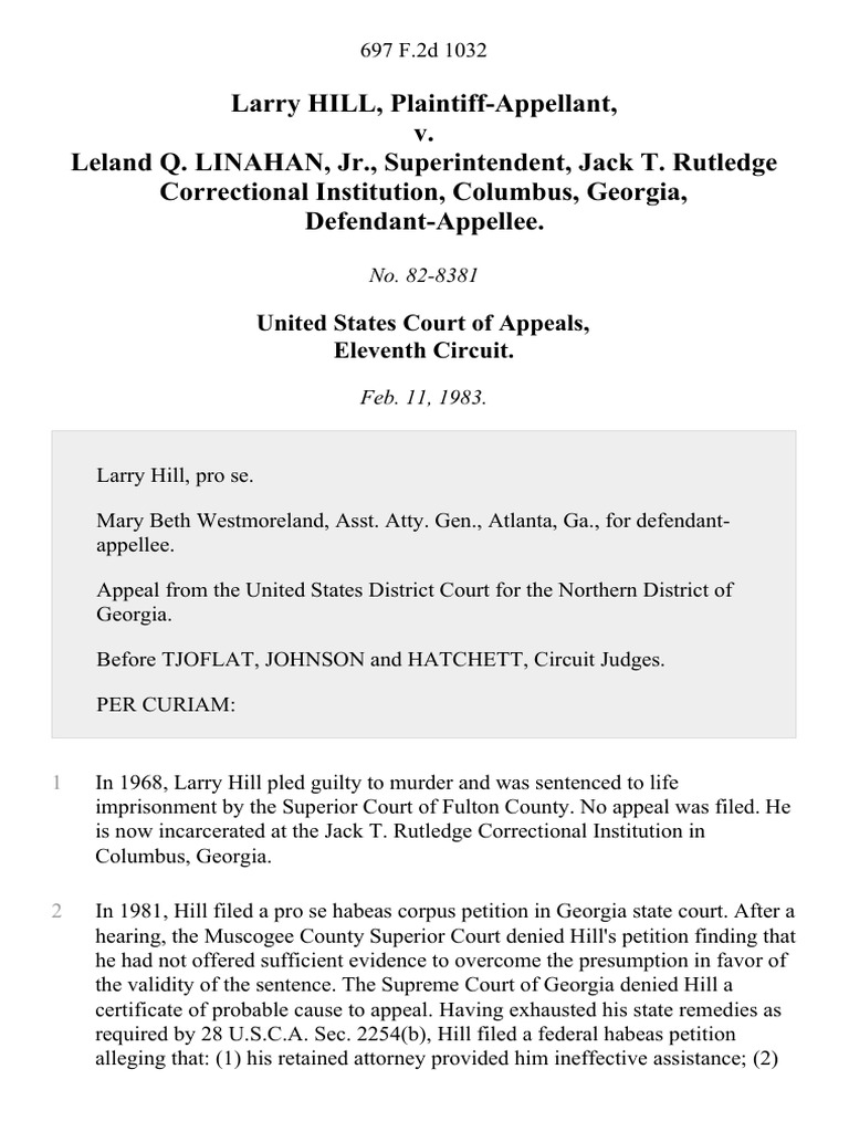 Larry Hill v. Leland Q. Linahan, JR., Superintendent, Jack T. Rutledge ...