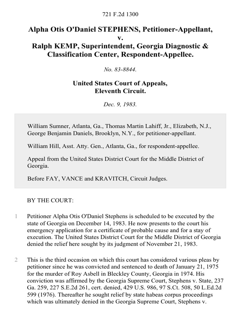 Alpha Otis O'Daniel Stephens v. Ralph Kemp, Superintendent, Georgia ...